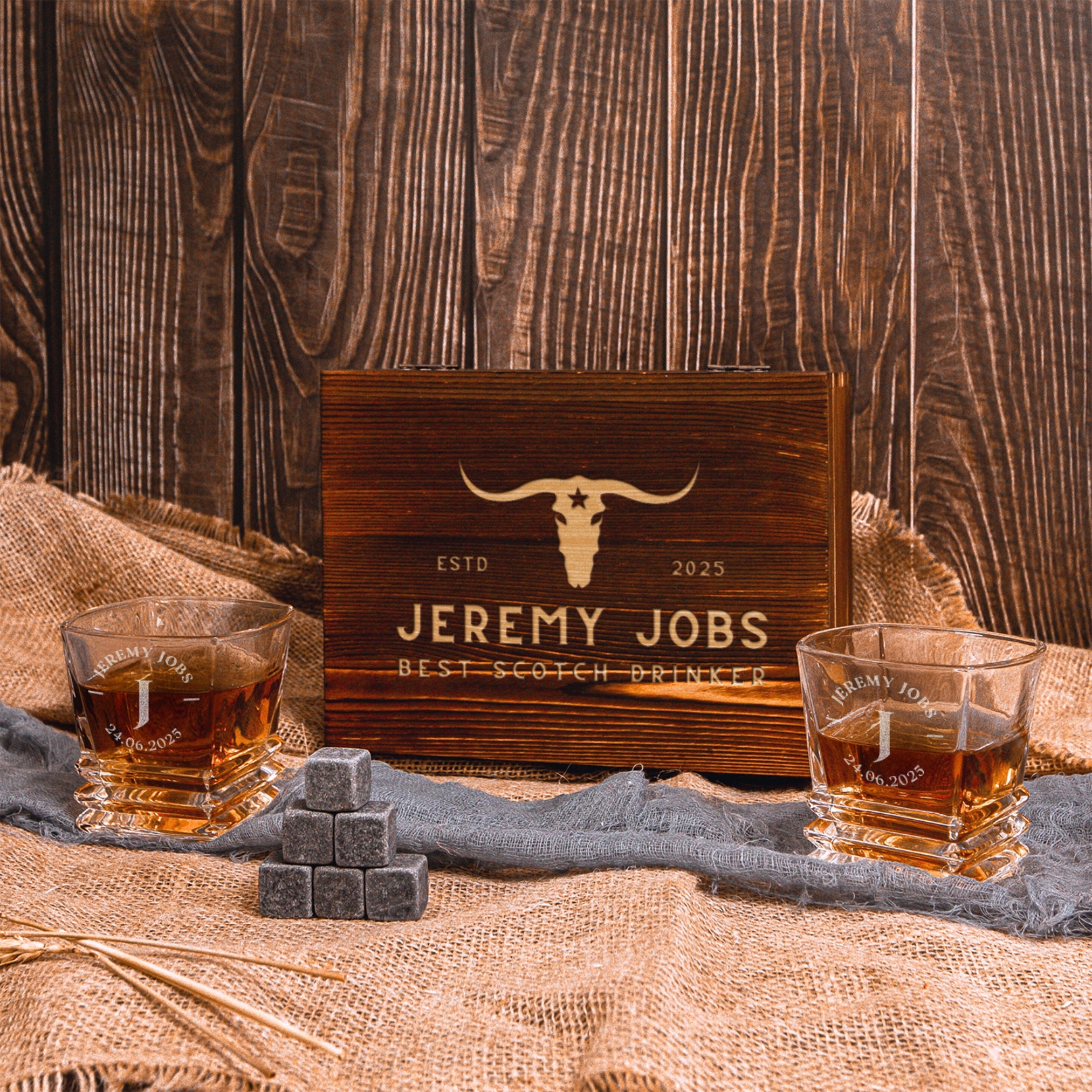 Custom Engraved Whiskey Wooden Box - 2 Prism Scotch Glasses & 6 Rock ...