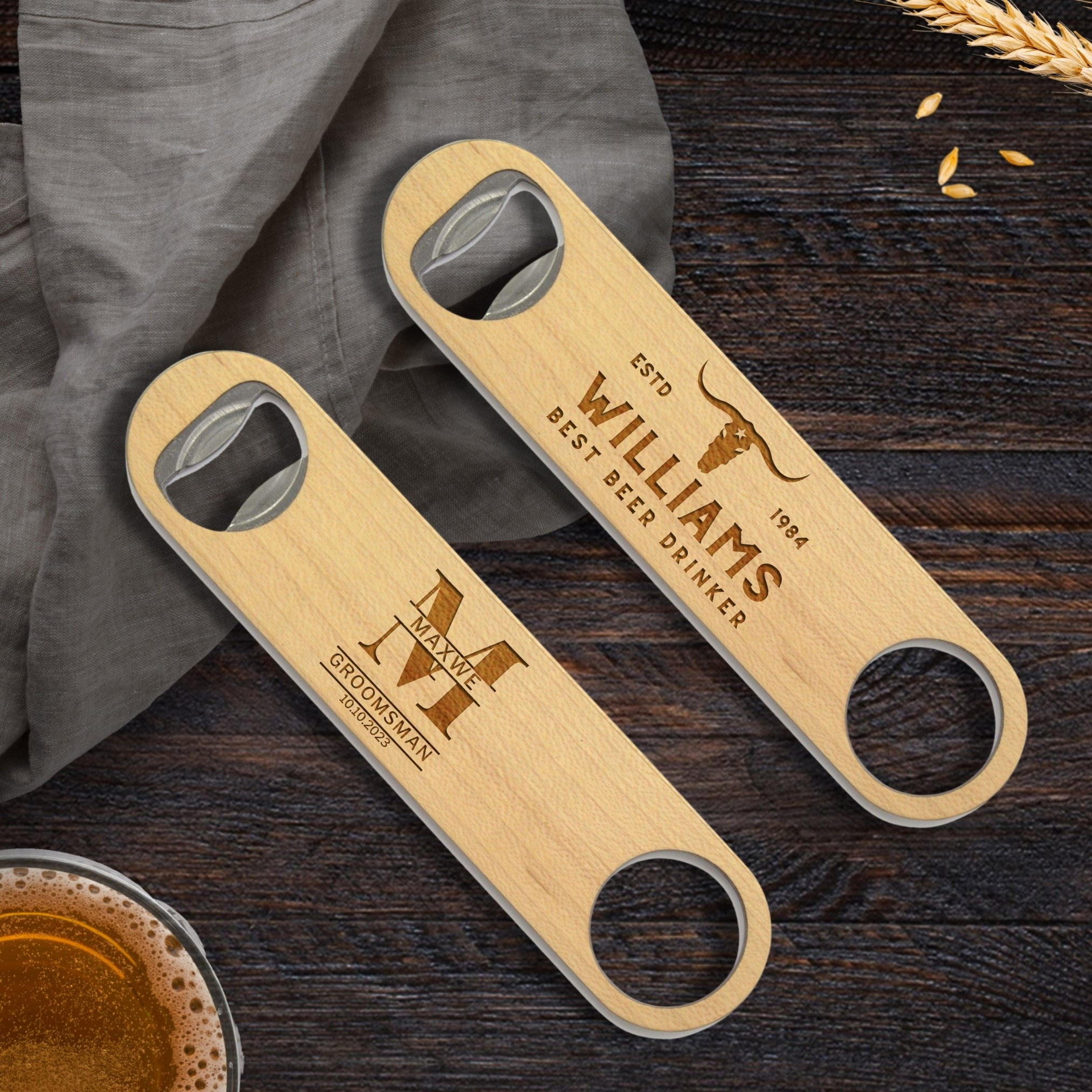 Personalised Wooden Bar Blade Beer Bottle Opener, Custom Engraved Logo ...