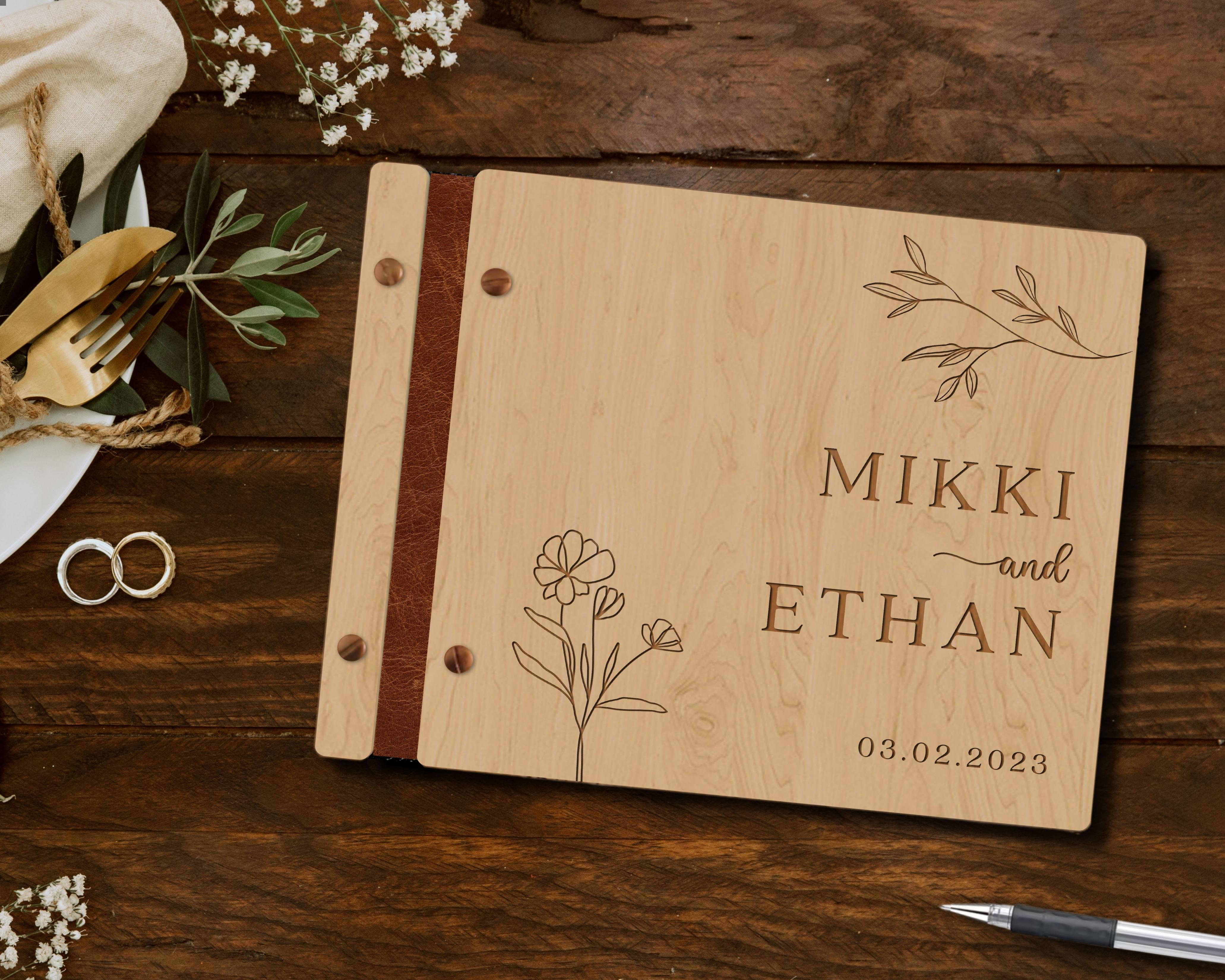 Custom Engraved Wooden Vegan Leather Wedding Guest Book, Personalised ...