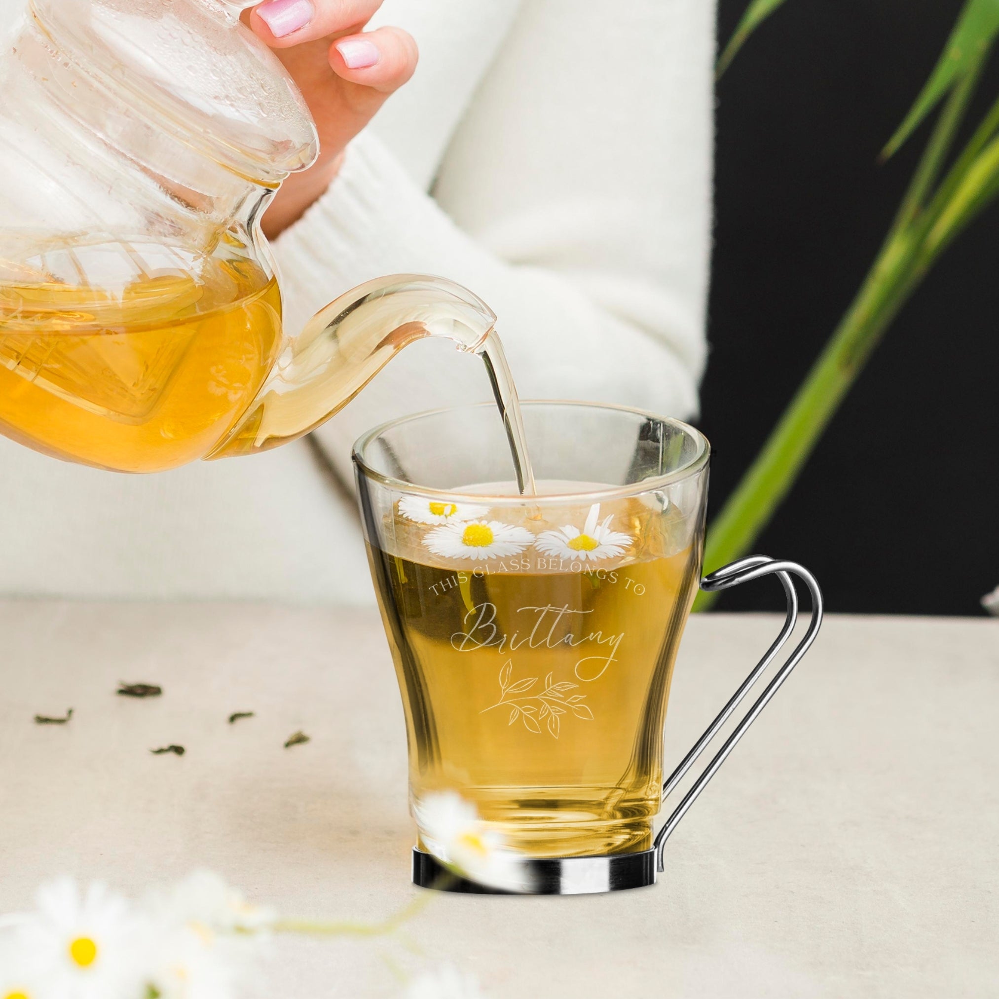 Glass coffee mug with metal handle store