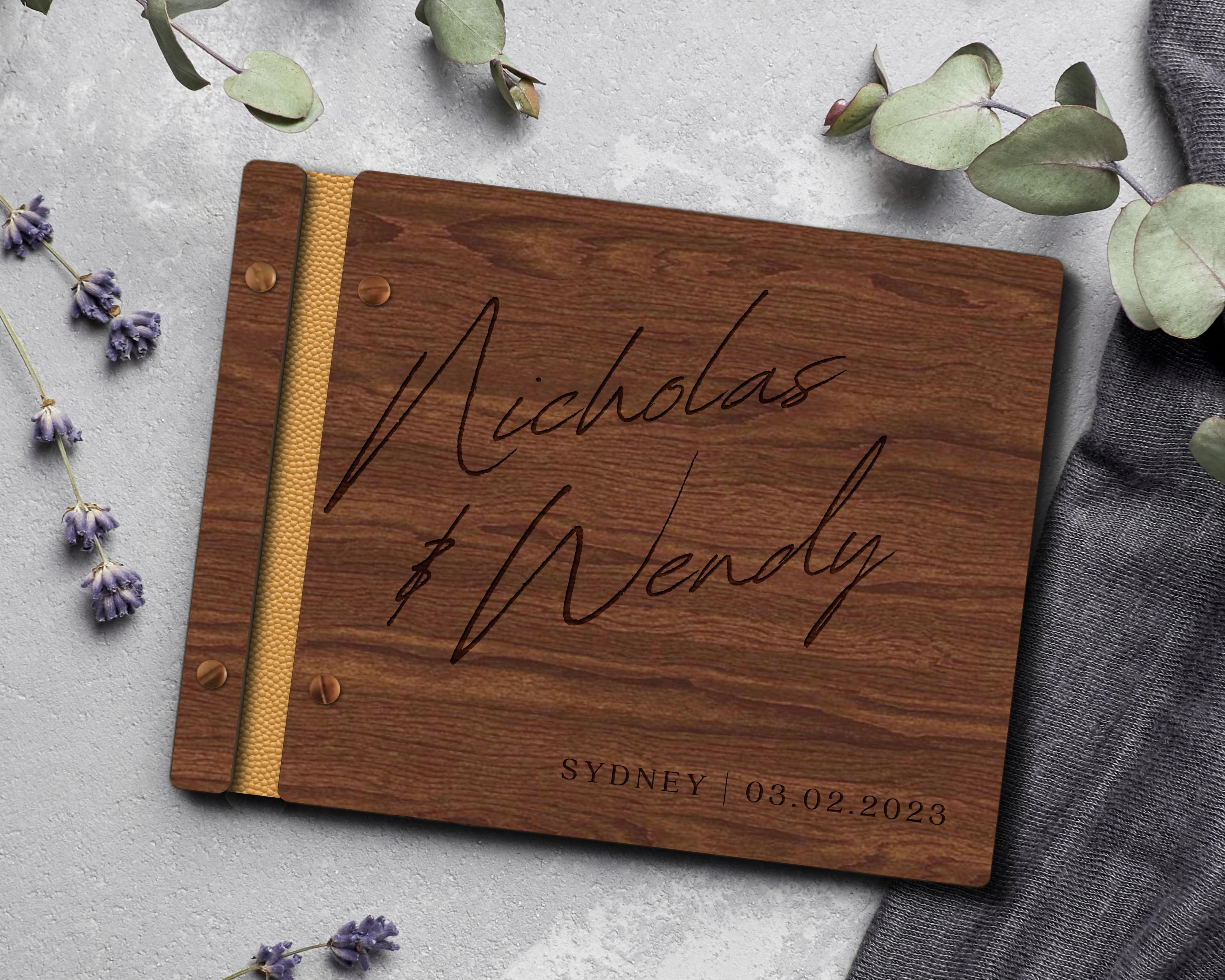 Custom Engraved Wooden Vegan Leather Wedding Guest Book, Personalised ...