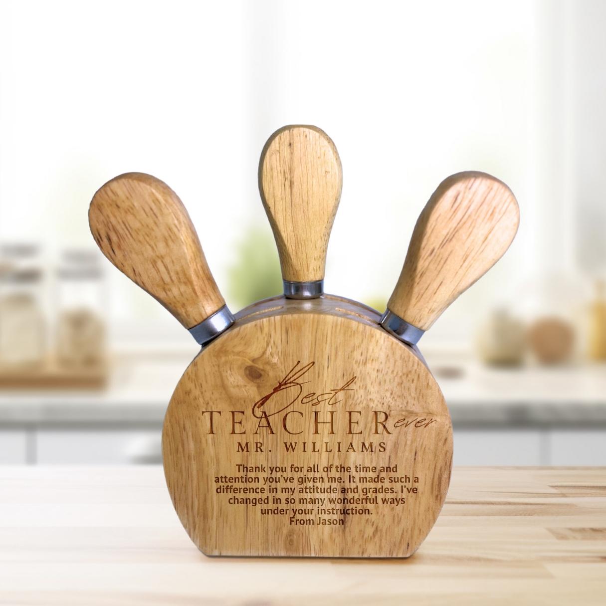 Personalised 4 Piece Wooden Cheese Knife Block Set, Engraved Serving ...