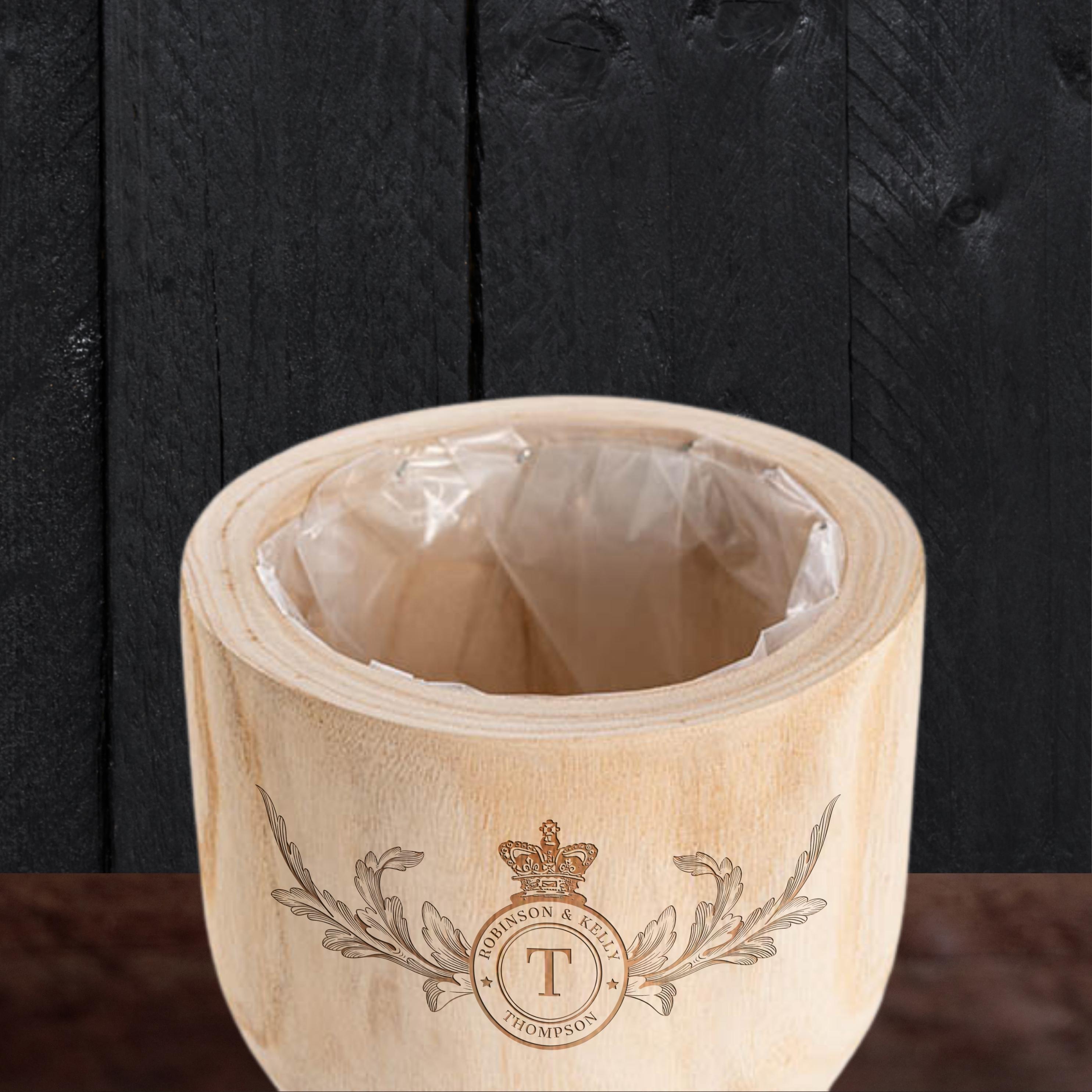 Personalised Small Wooden Cylinder Vase Planter, Engraved Logo Flower ...