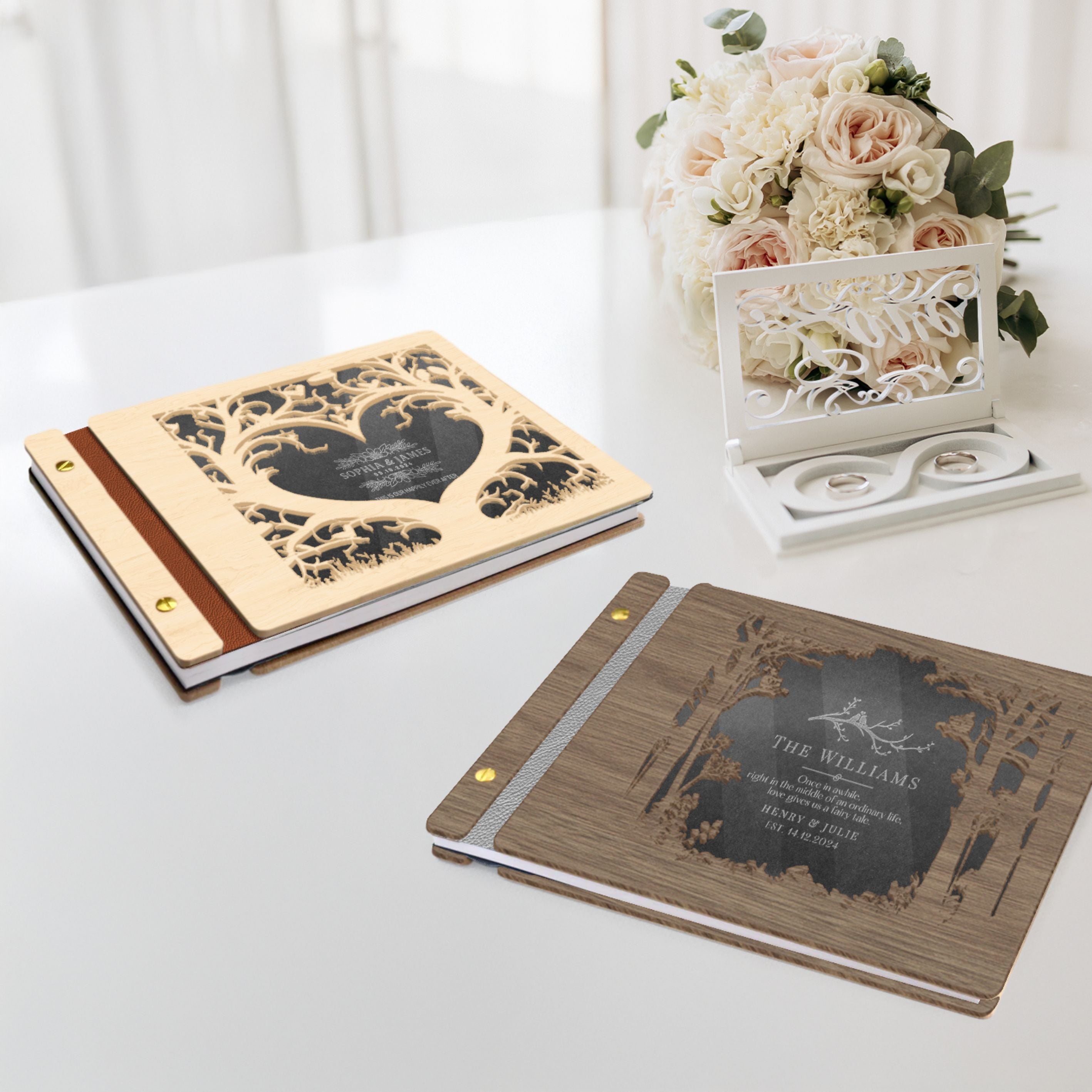 Custom Wooden Laser Cut Cover & Engraved Acrylic Wedding Guest Book ...