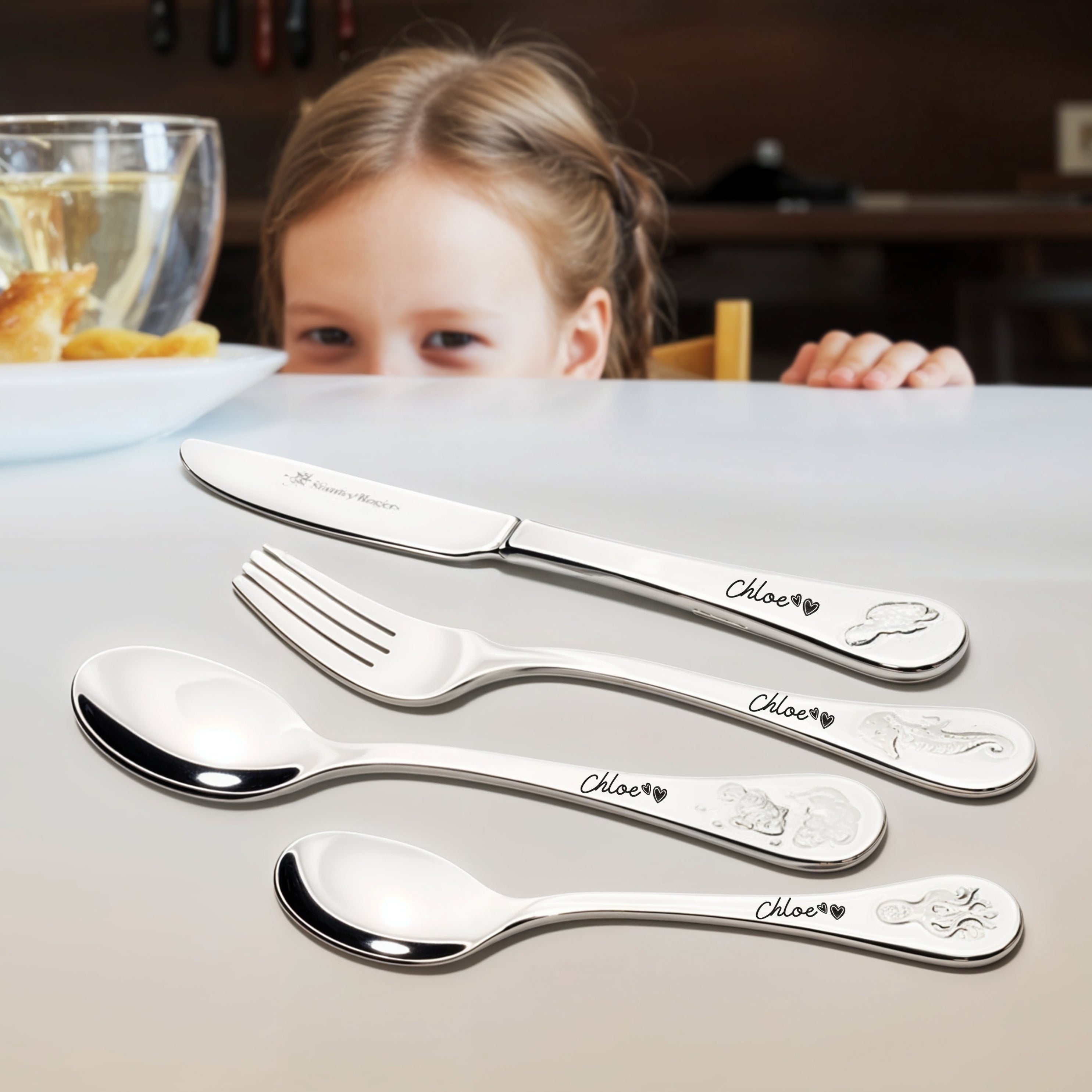 Custom Engraved Kid's Cutlery 4 Piece Set, Personalised Children Name ...