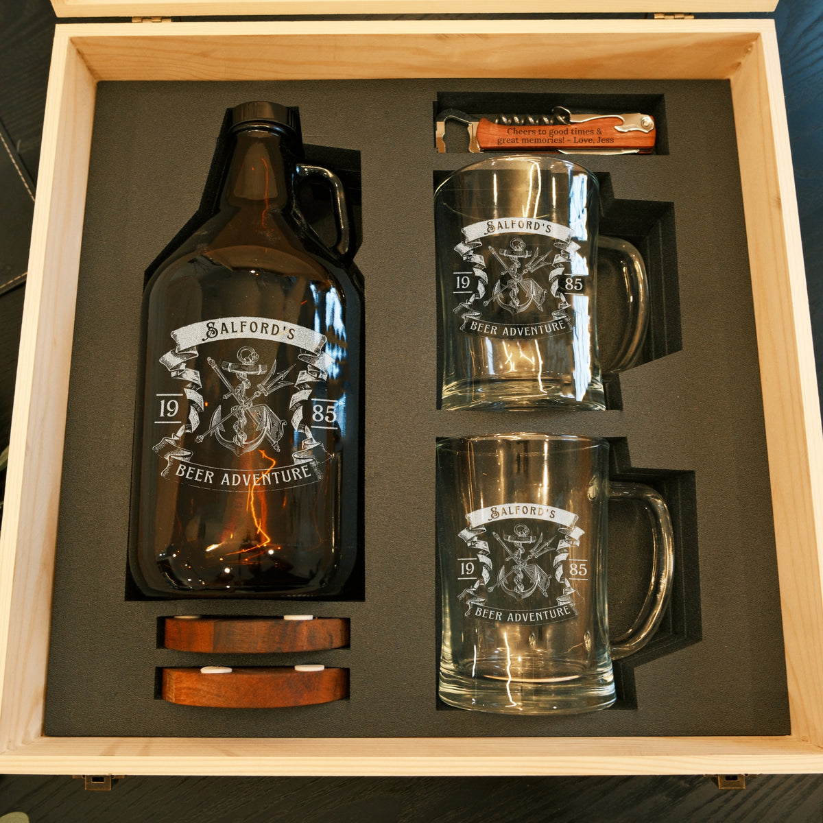 Personalised Beer Growler Gift Set & 2 Tankard Mugs, Acacia Coasters ...