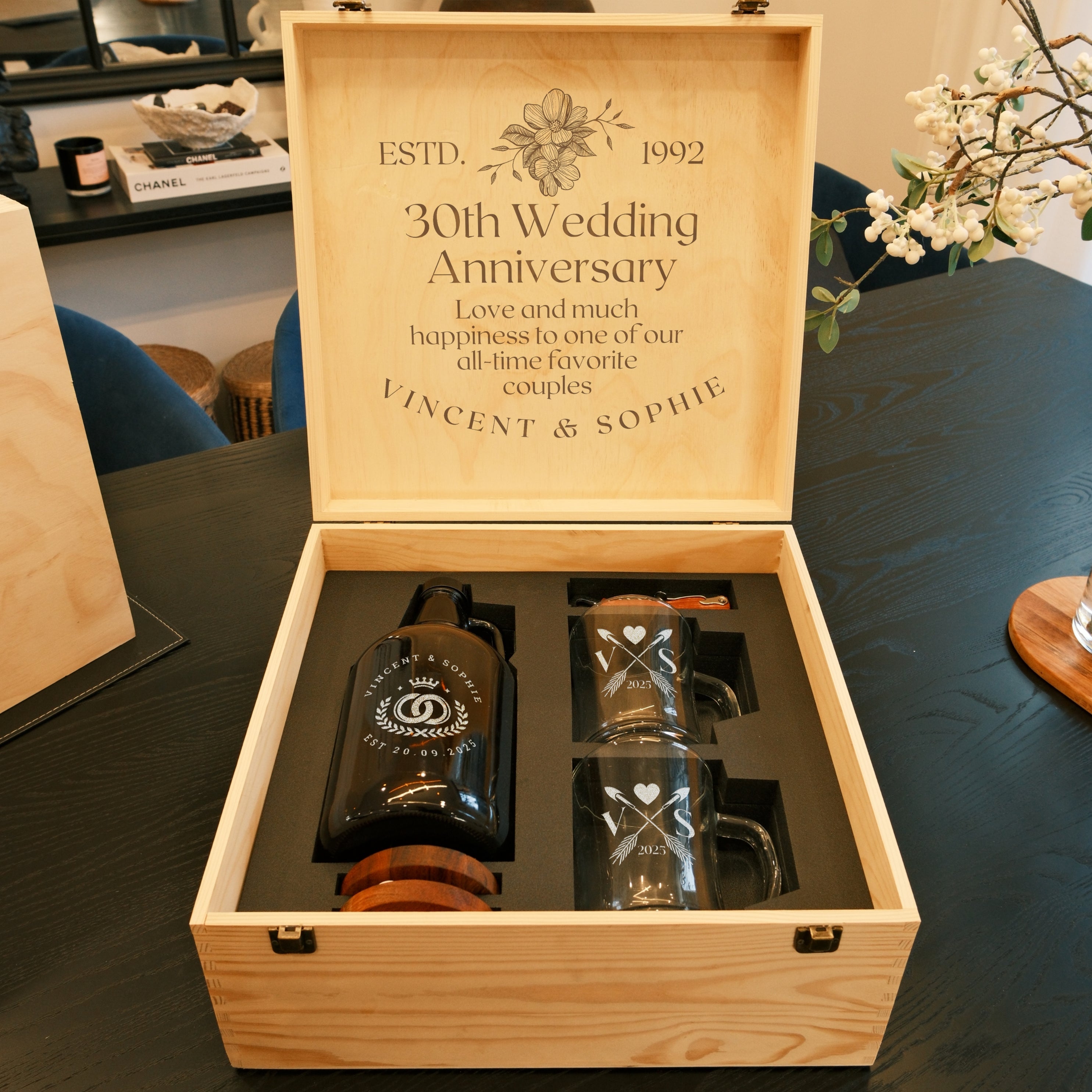 Personalised Beer Growler Gift Set & 2 Tankard Mugs, Acacia Coasters ...