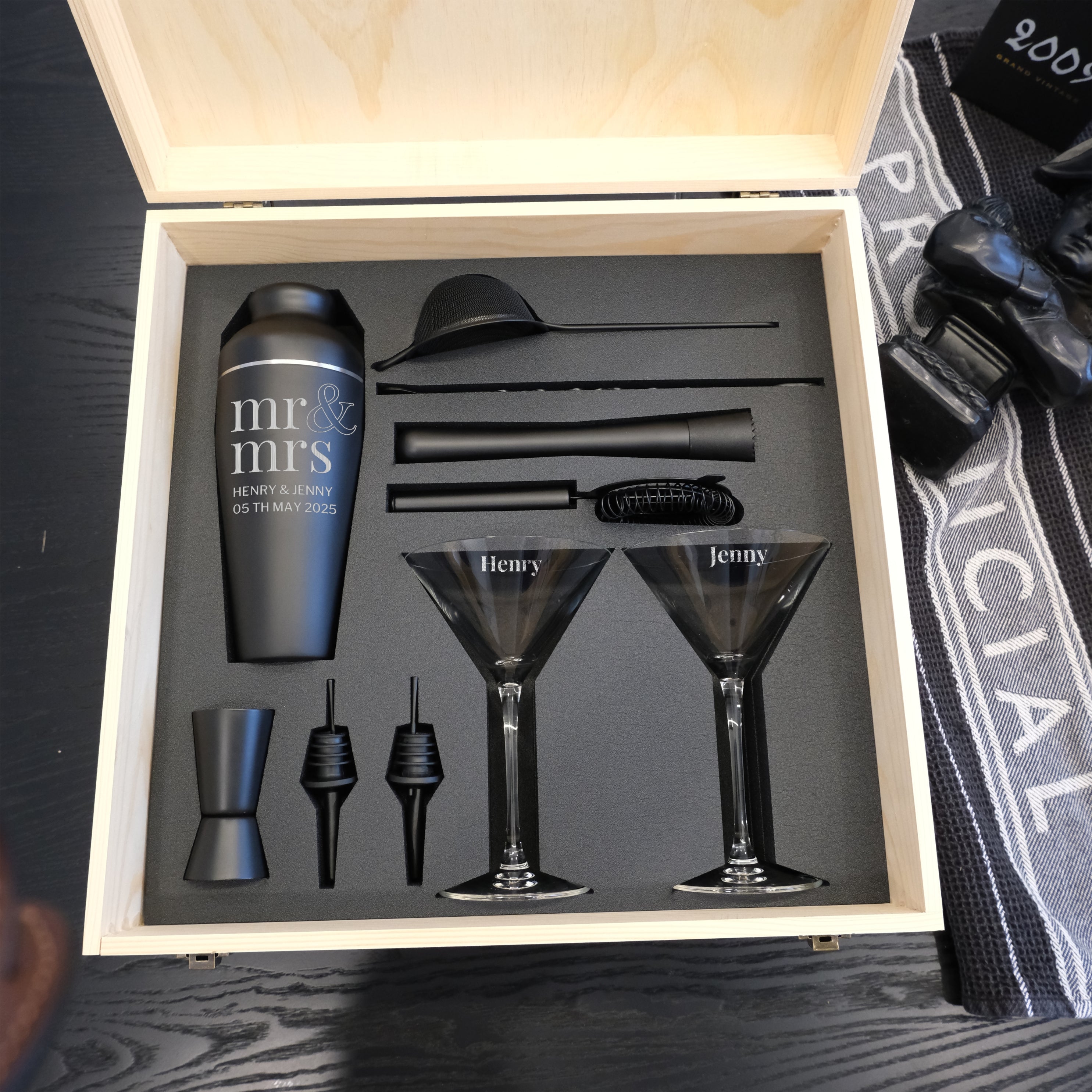 Personalised Cocktail Shaker Set of 9, Martini Glasses Pair & Custom ...