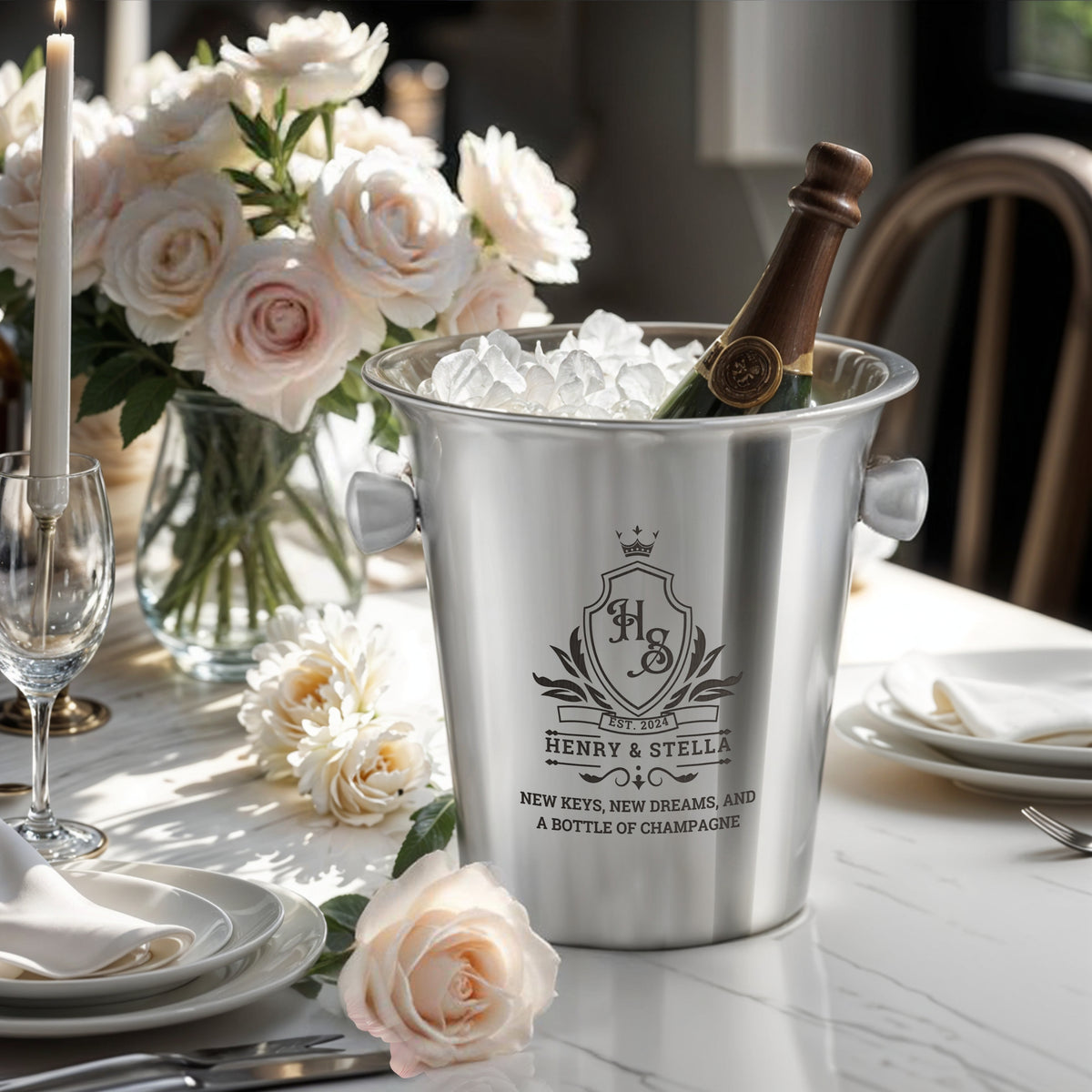 Personalised Matt Steel Champagne Ice Bucket, Custom Engraved Logo Wine ...