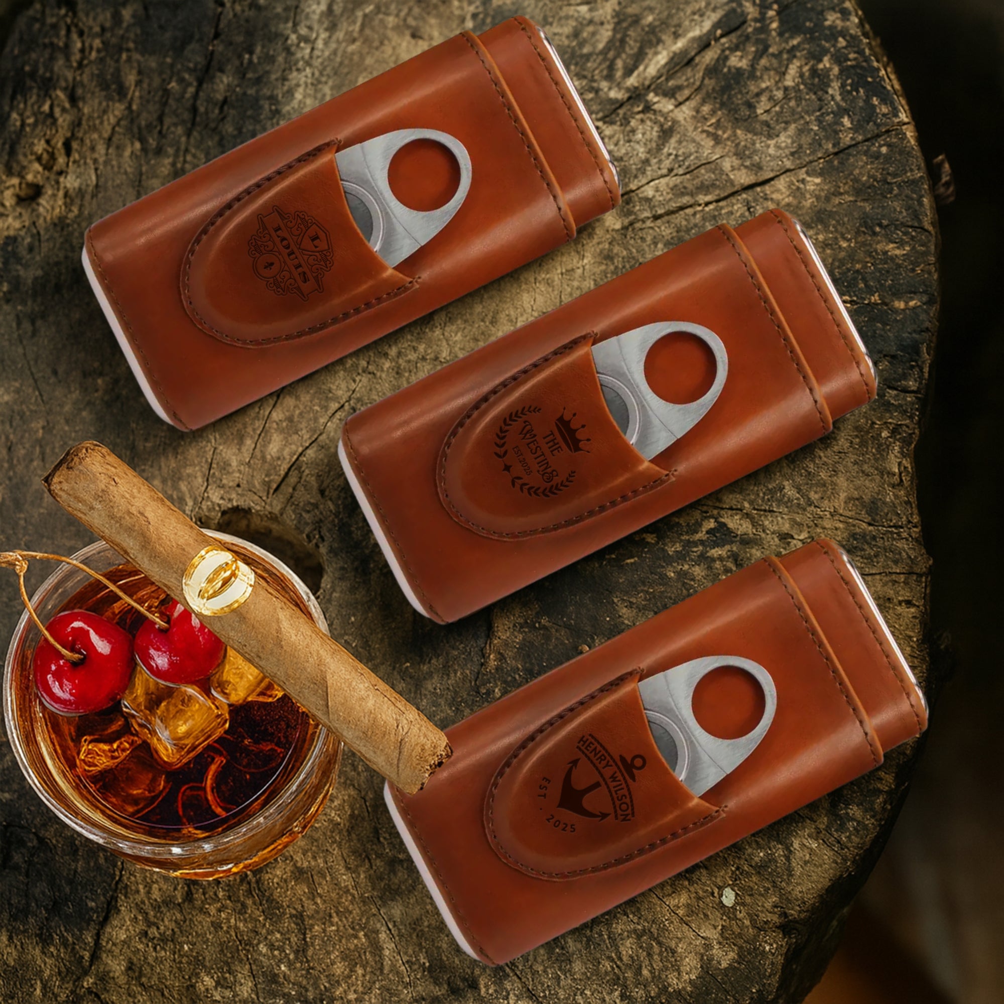 Personalised Tan Leatherette Cigar Case & Cutter Custom Engraved Logo ...