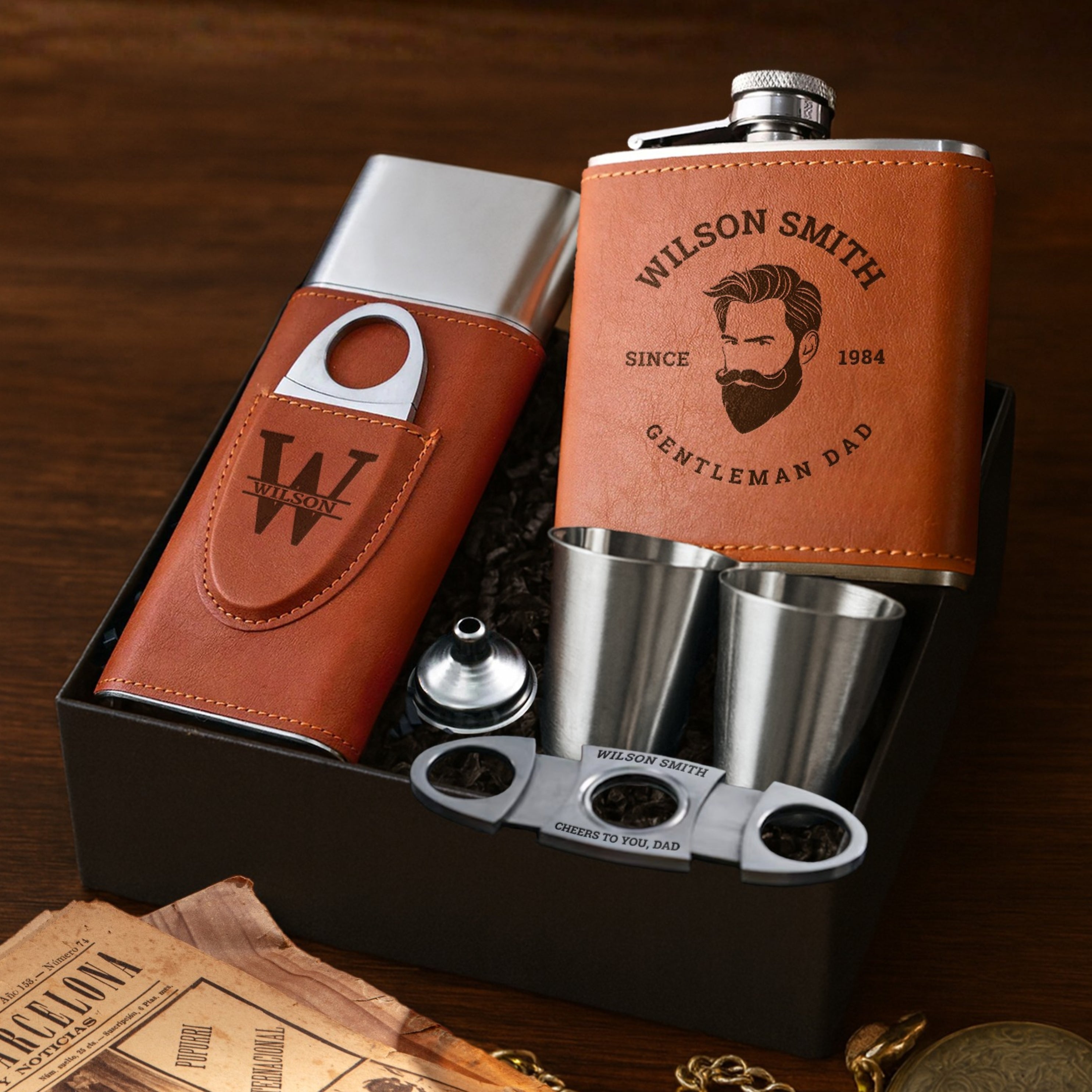 Personalised Tan Leatherette Hip Flask & Cigar Case Set, Custom ...