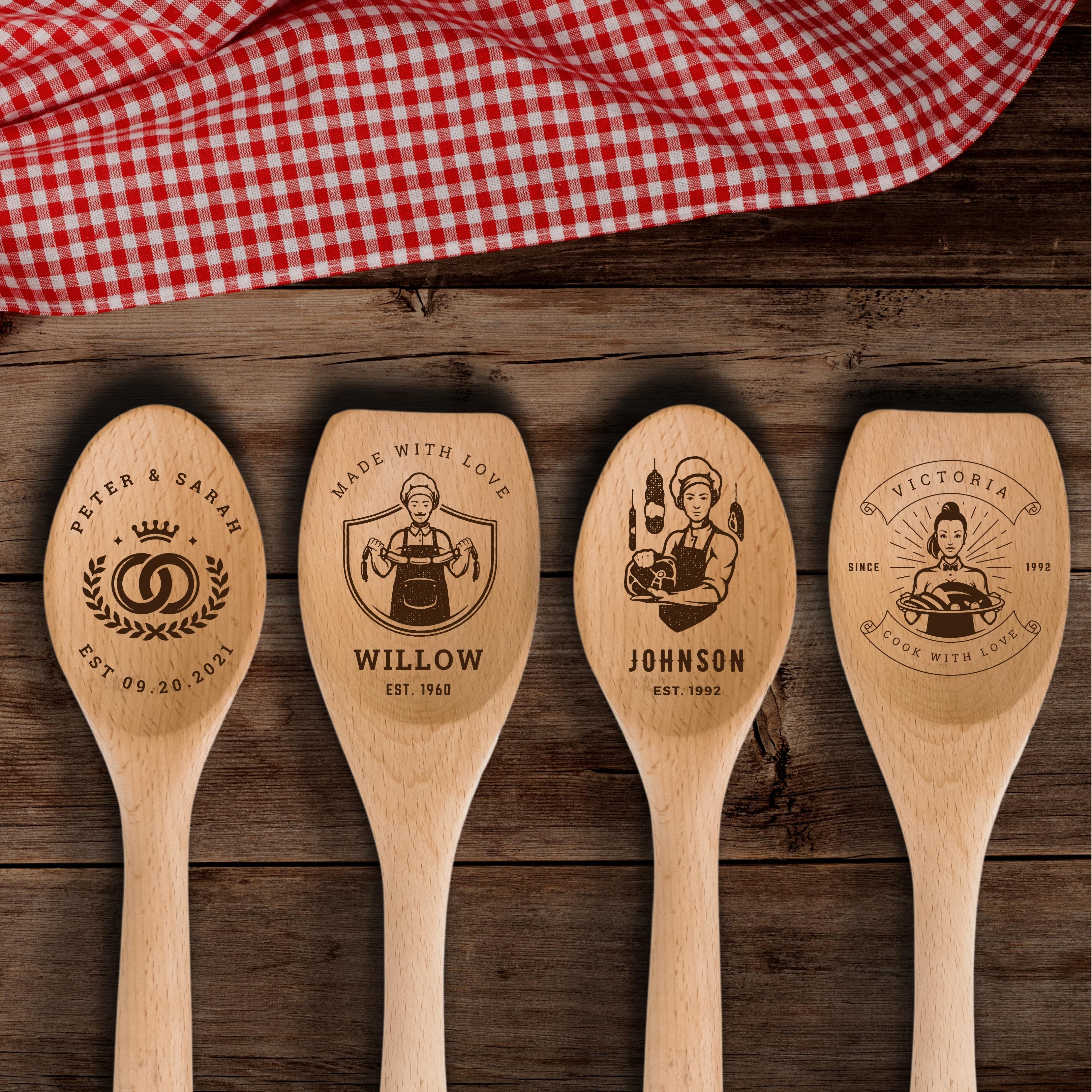 Personalised Wooden Mixing Spoon, Custom Laser Engraved Timber Spatulas ...