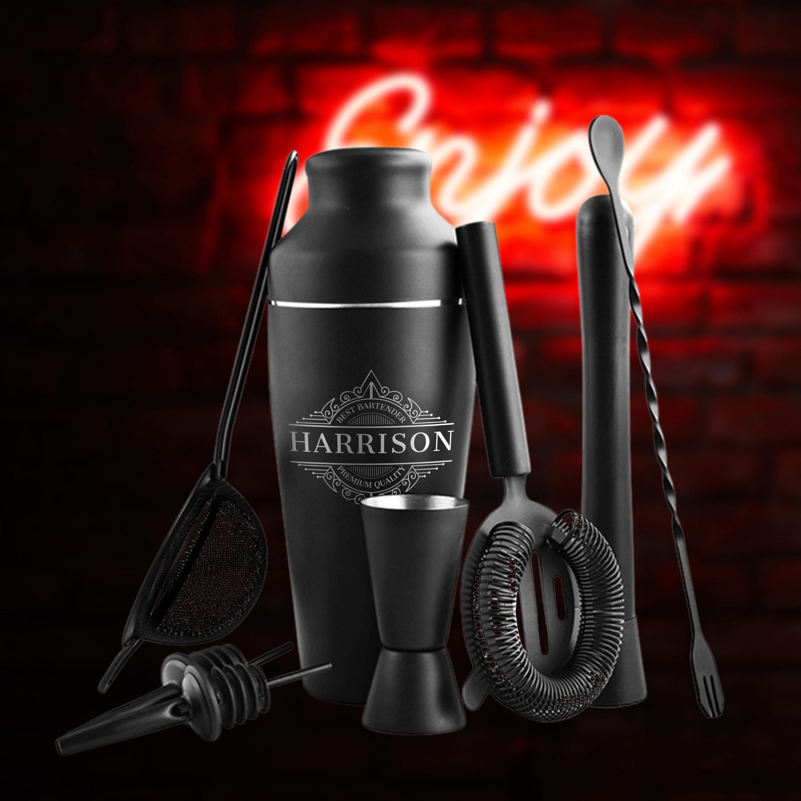Engraved Stainless Steel Matte Black Cocktail Shaker Set of 9 ...