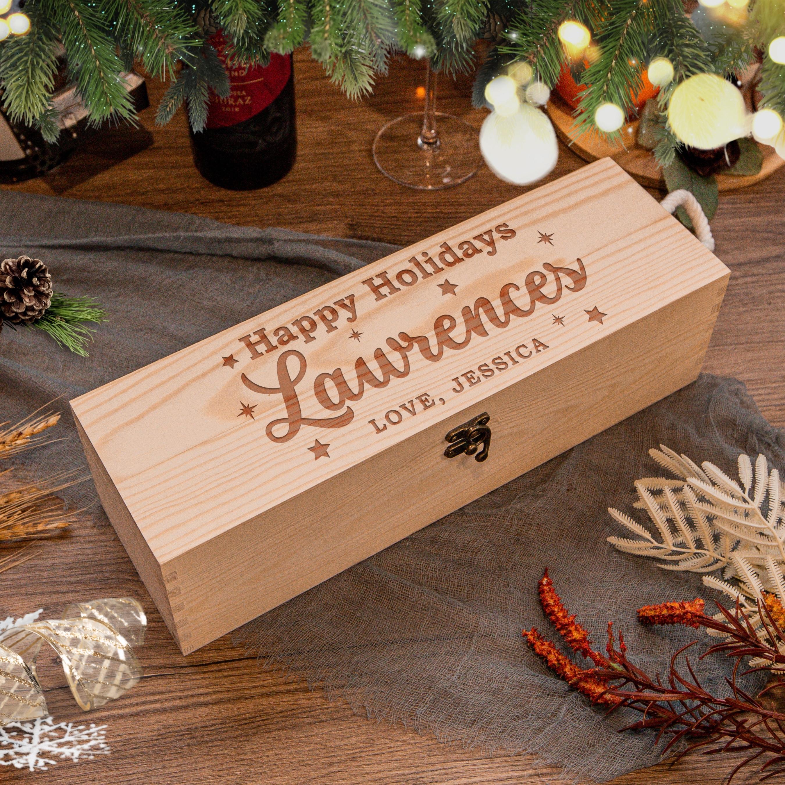 Christmas Personalised Pine Wooded Wine Box Gift, Engraved Custom ...