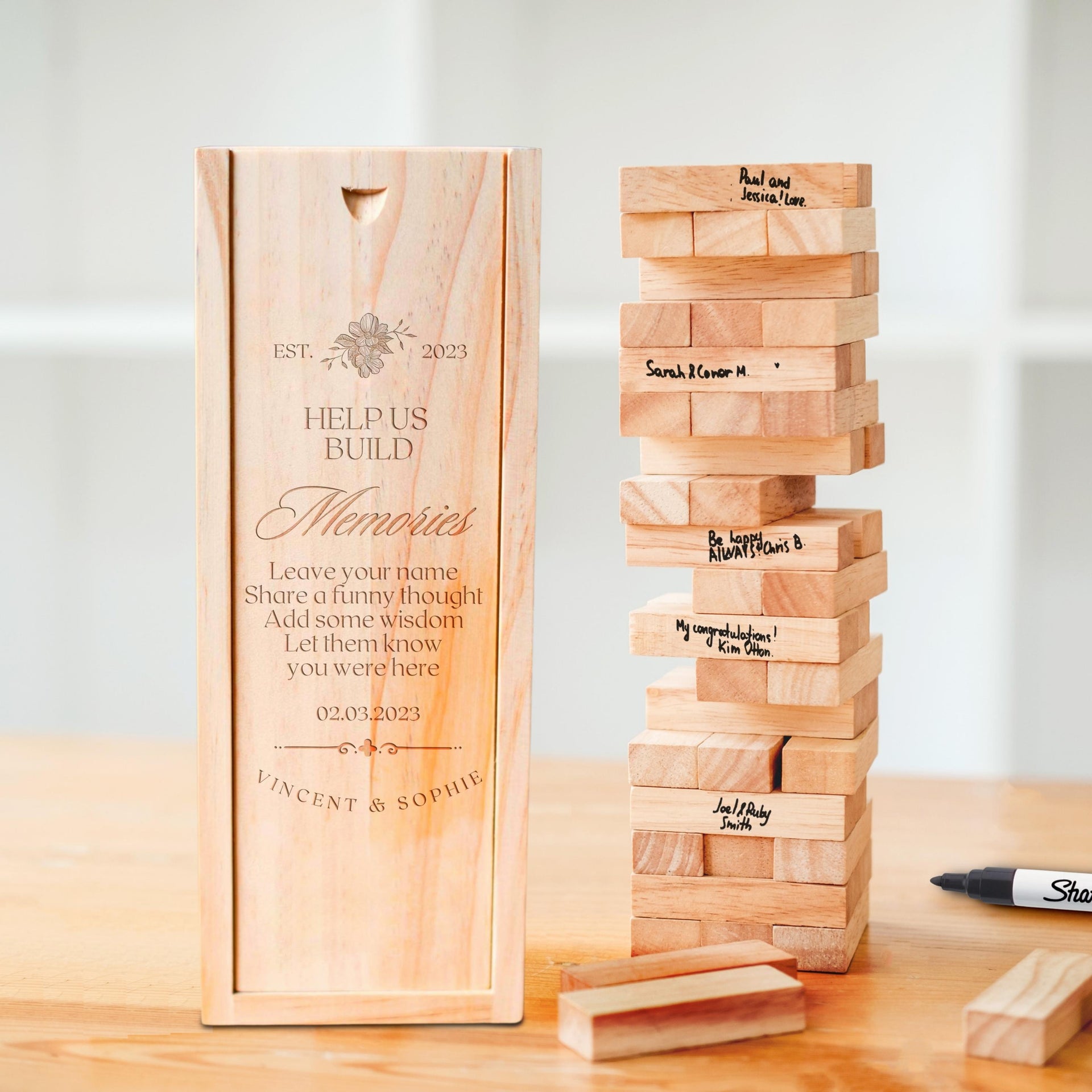 Personalised 48 Wooden Block Tumbling Tower Game Box, Engraved Jenga ...