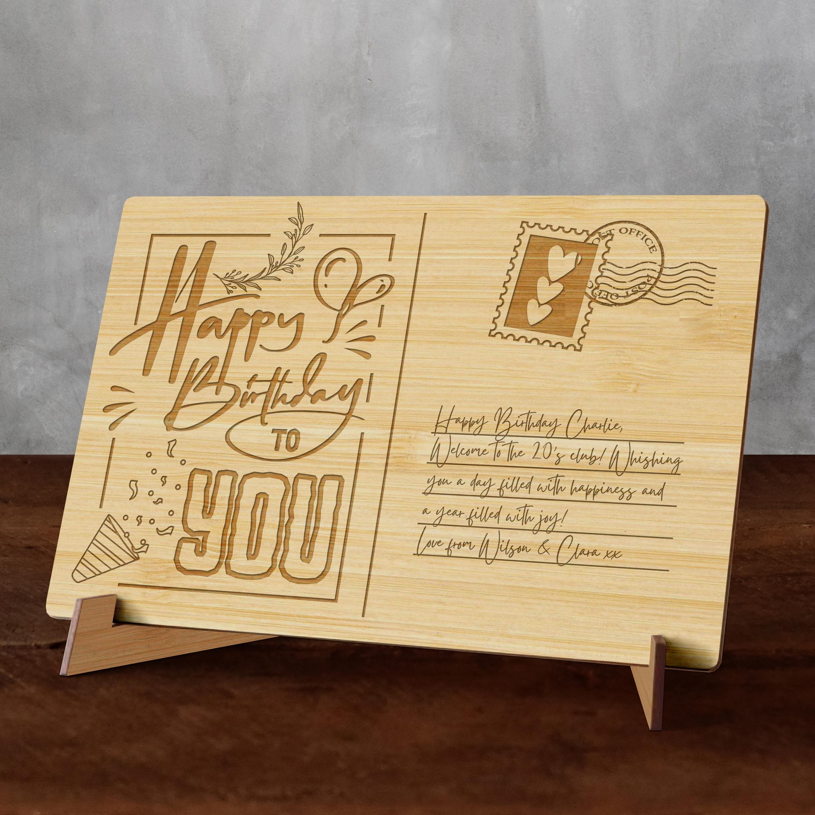 Personalised Wooden Happy Birthday Postcard, Custom Engraved Timber ...