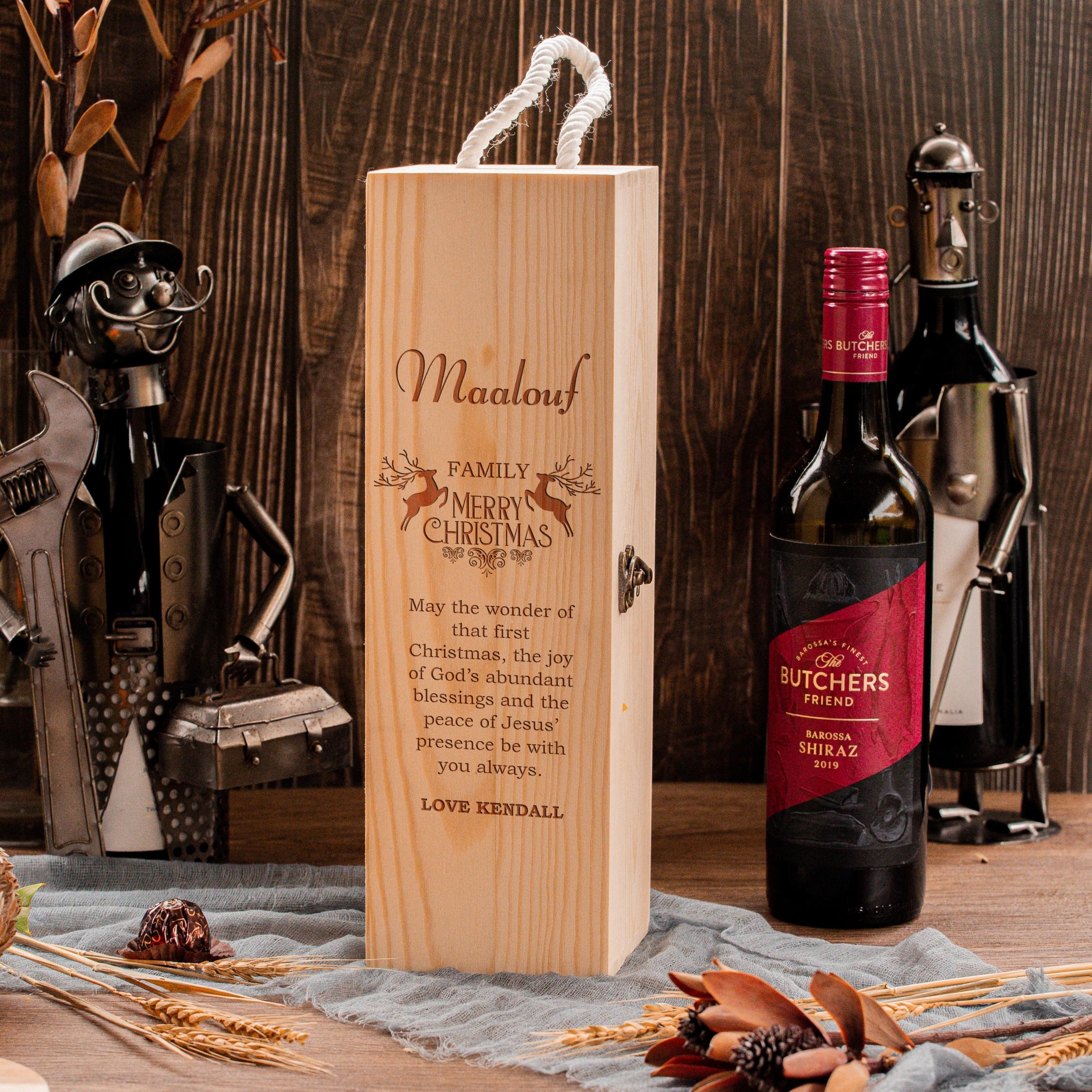 Christmas Personalised Pine Wooded Wine Box Gift, Engraved Custom ...