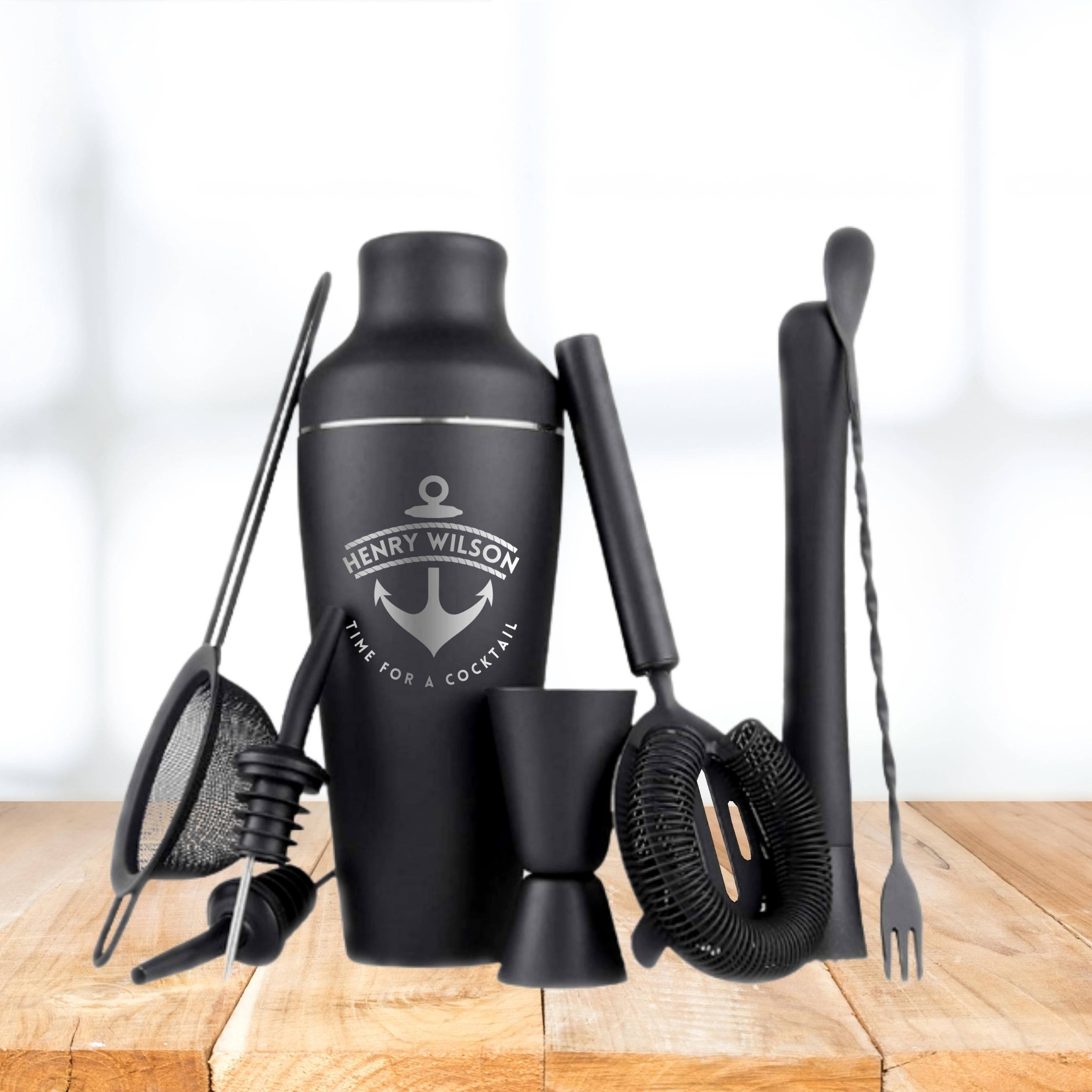 Engraved Stainless Steel Matte Black Cocktail Shaker Set of 9 ...