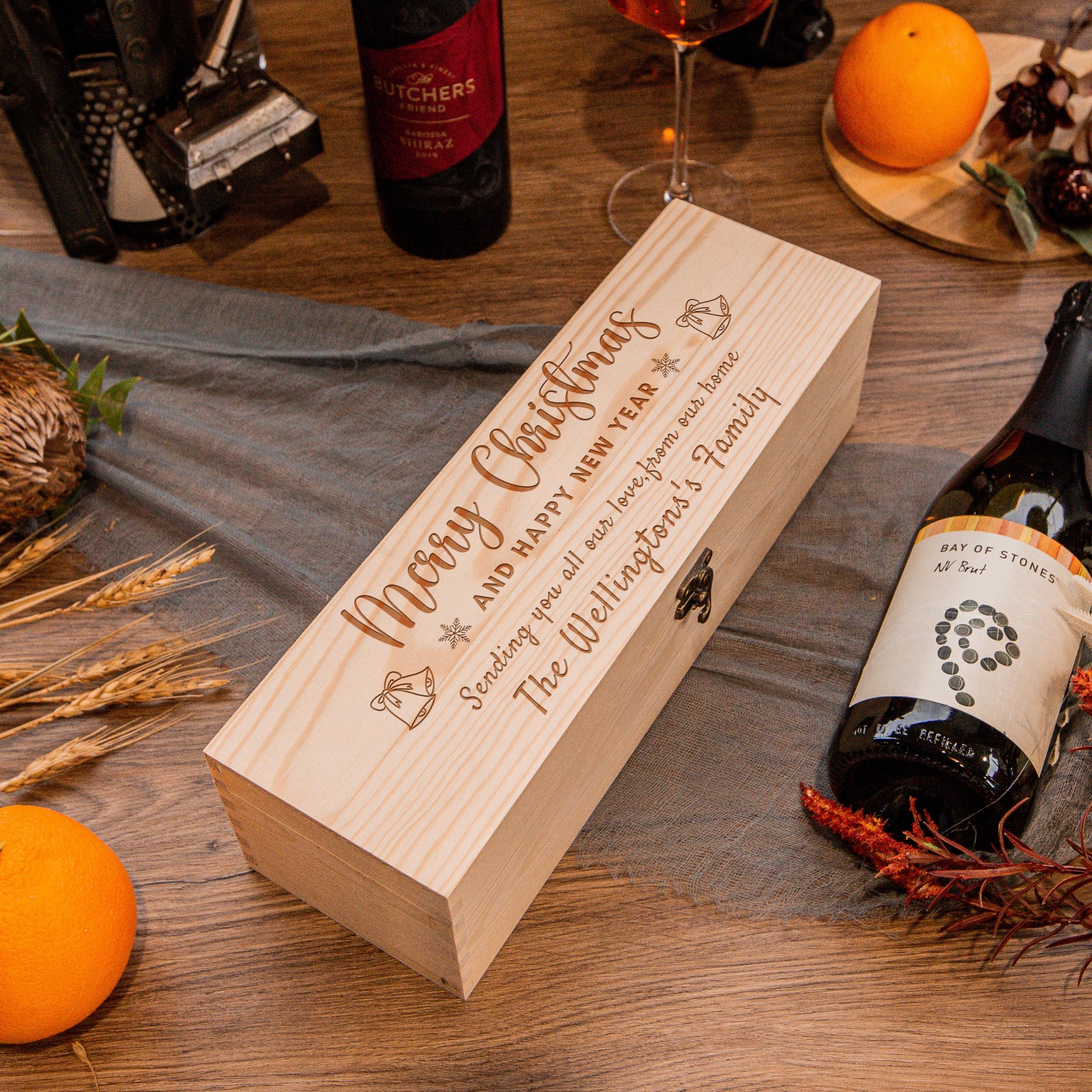 Christmas Personalised Pine Wooded Wine Box Gift, Engraved Custom ...